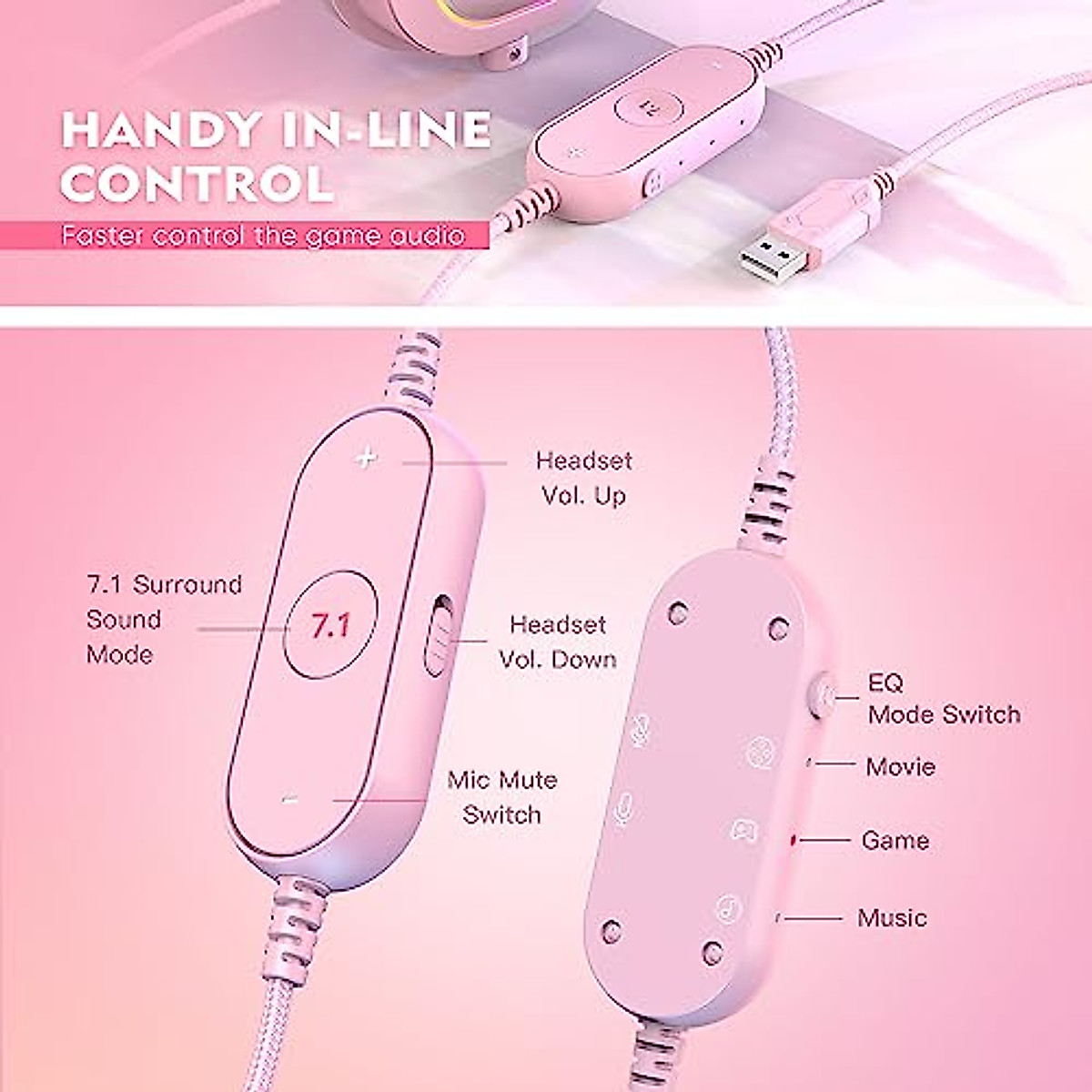 FIFINE PC Gaming Headset, USB Wired Headset with Microphone, 7.1 Surround Sound, in-Line Control, Computer RGB Over-Ear Headphones for PS4/PS5, for Streaming/Game Voice/Video-AmpliGame H6 (Pink)