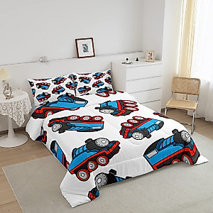 Train Bedding Set Kids Cartoon Car Comforter Set Boys Girls Train Travel Decor Comforter Microfiber Train Construction Red Blue Duvet Set Bedroom Quilt Set Full Size