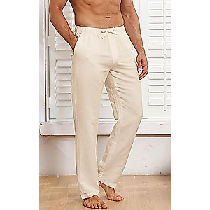 Soojun Mens Linen Pull on Pants with Elastic Waist Casual Yoga Pants, Khaki, Medium/32 Inseam