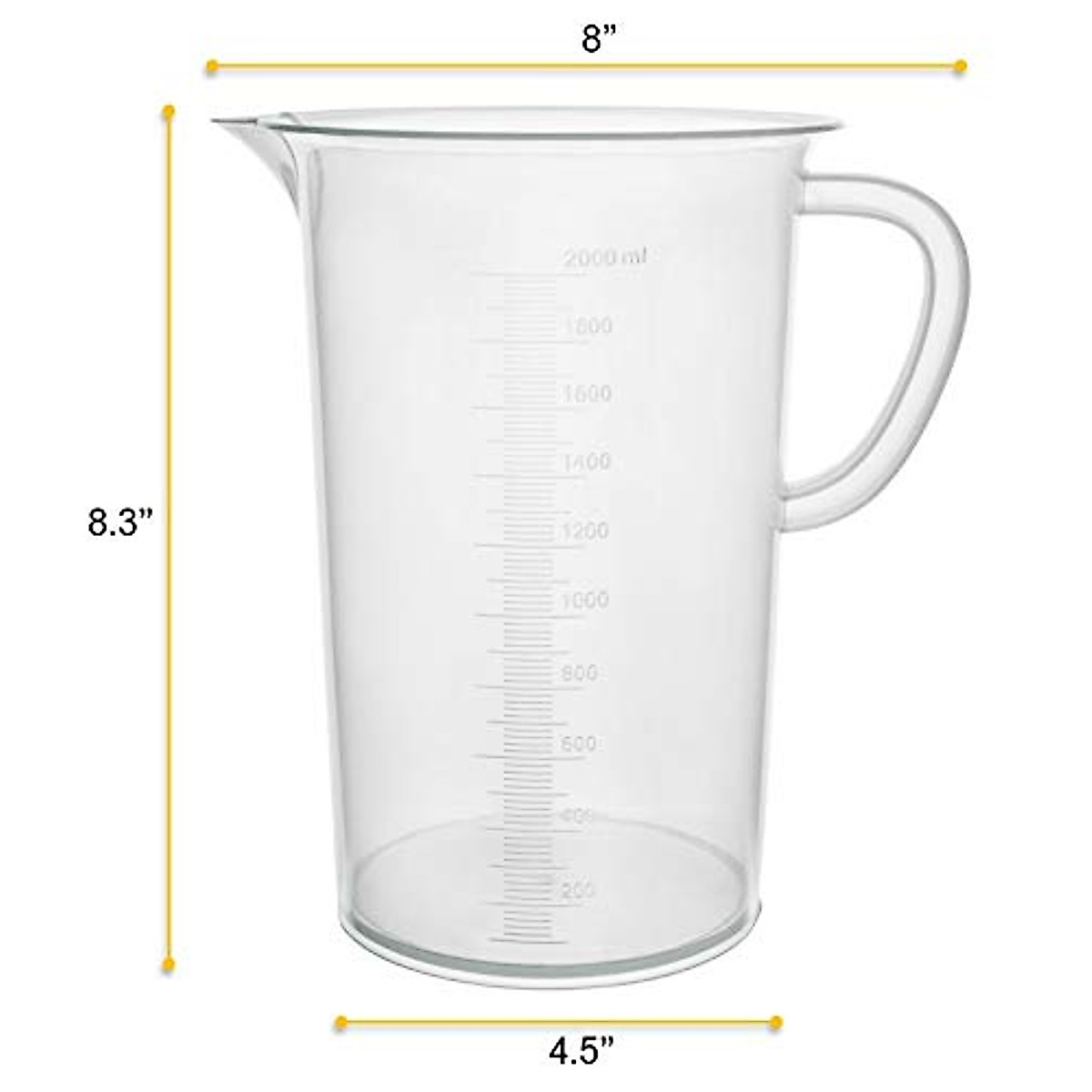 EISCO Plastic Pitcher, 2000mL (2L) - Molded Graduations - Chemical Resistant & Autoclavable Polypropylene - Measuring Jug