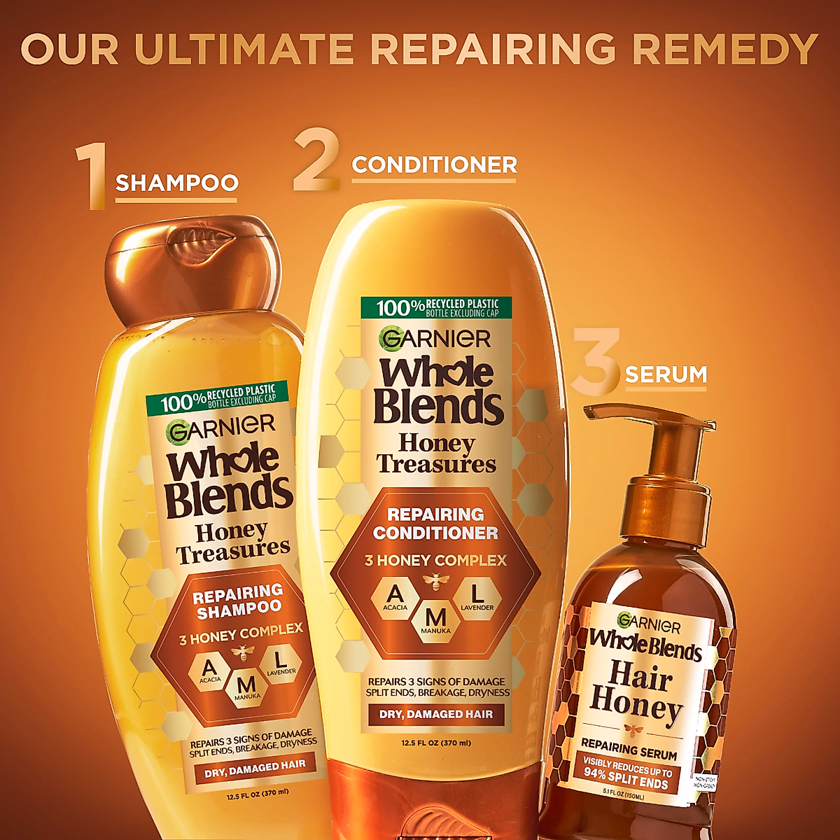 Garnier Whole Blends Honey Treasures Repairing Conditioner, for Dry, Damaged Hair, 22 Fl Oz, 2 Count (Packaging May Vary)