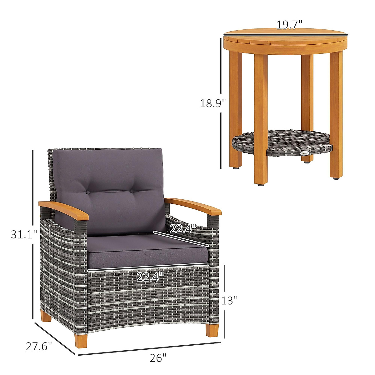 Outsunny 3 Pieces Wicker Outdoor Bistro Set, Rattan Patio Furniture Set with Acacia Wood Coffee Table and Porch Chairs for Backyard, Balcony, Garden, Gray