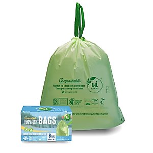 UNNI Compostable Drawstring Bags, 6-8 Gallon, 23-30 Liter, 45 Count, Heavy Duty 1 Mil, Medium Food Scrap Waste Bags, ASTM D6400, US BPI, CMA & Europe OK compost Certified, San Francisco