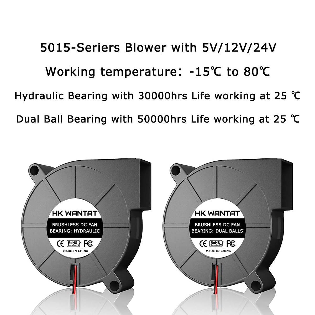 3Pcs HKWANTAT Dual Ball Bearings Brushless DC Cooling 50mm Blower Fan 24v 5015 50x50x15mm 2-Pin