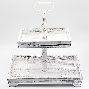2 Tiered Tray Stand for Decor, Rustic Wooden Farmhouse Decorative Tray for Home Coffee Table Kitchen Counter by Witsbrez (White Wash Rectangle)