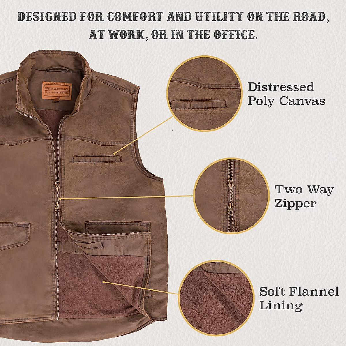 Driver Clothing Co. Men's Heavy Gauge Poly Canvas Utility Work Vest with Soft Flannel Lining and Wax Oil Weather Resistant Finish | 5 Outer Pockets and 3 Inner Pockets | Distressed Brown | XX-Large