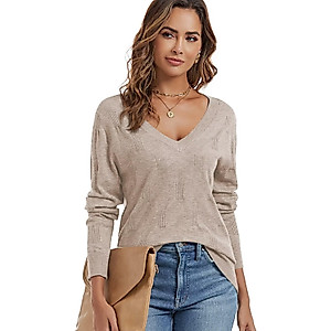 ANFTFH Women's Pullover Sweaters Cashmere Long Sleeve V Neck Fashion Sweater Tops Beige M