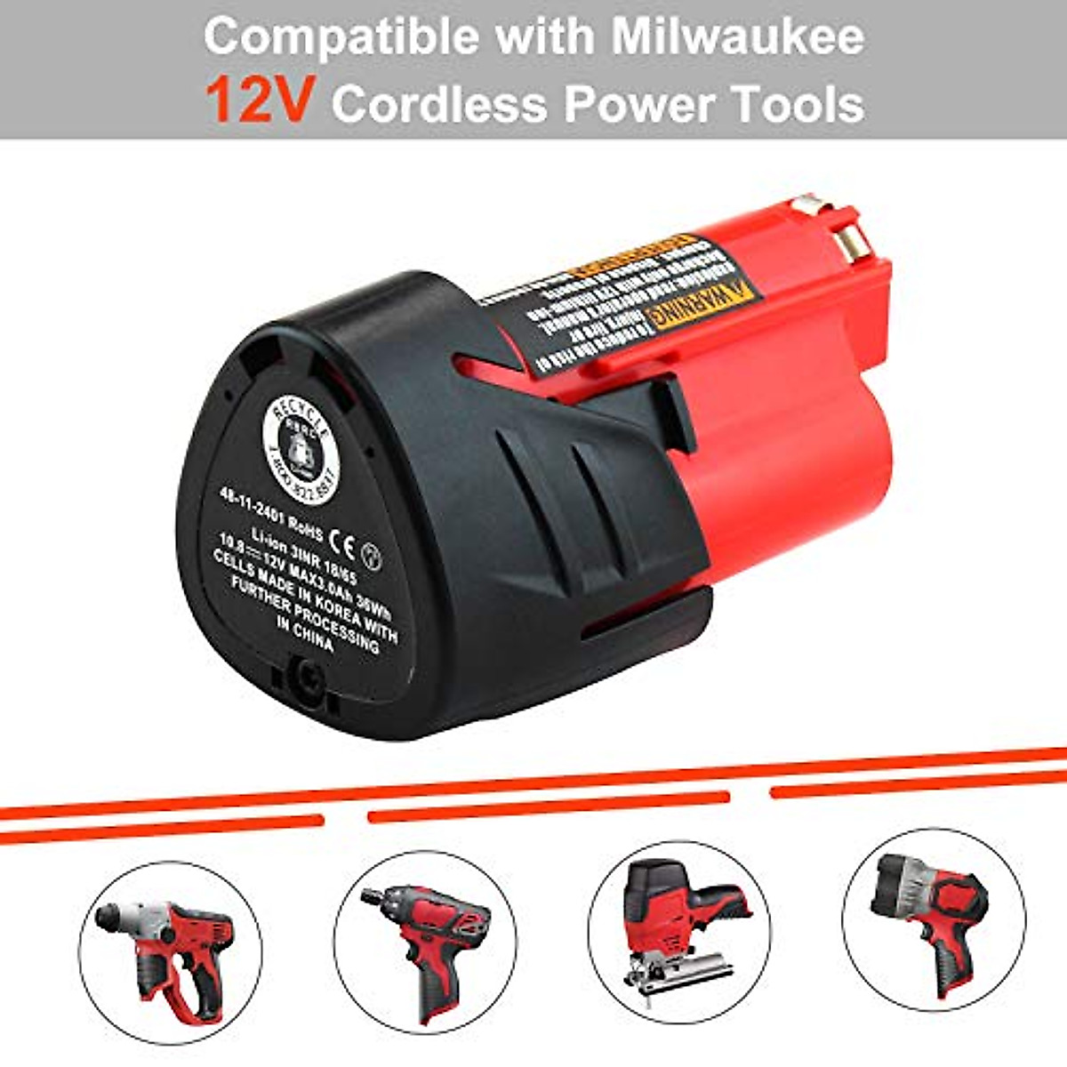 Amsbat 3000mAh 12 Volt Compatible with Milwaukee M12 Battery XC 48-11-2411 48-11-2420 48-11-2401 48-11-2402 48-11-2401 Lithium-ion Cordless Tools Batteries 2 Pack - Black