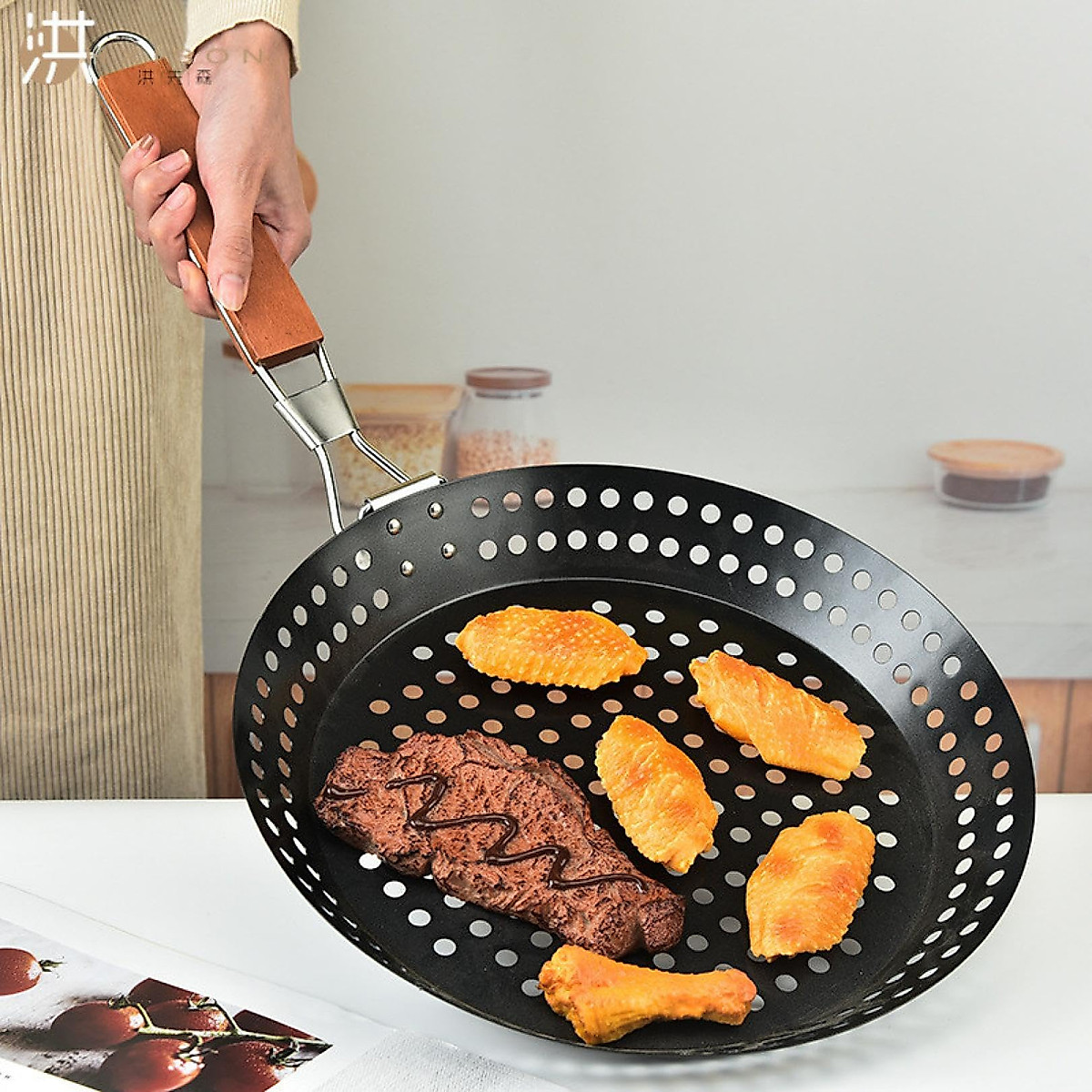 Generic Grill Pan With Folding Handle BBQ Pan, Grill Skillet Pizza Grill Pan (11"") Grill Pan Perfect For Fry Chapati Cooking Vegetables and Seafood, Black