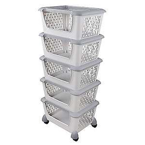 Tstorage 5-tier Stacking Storage Basket Tower with Wheels, Plastic Open Stacking Basket, Grey
