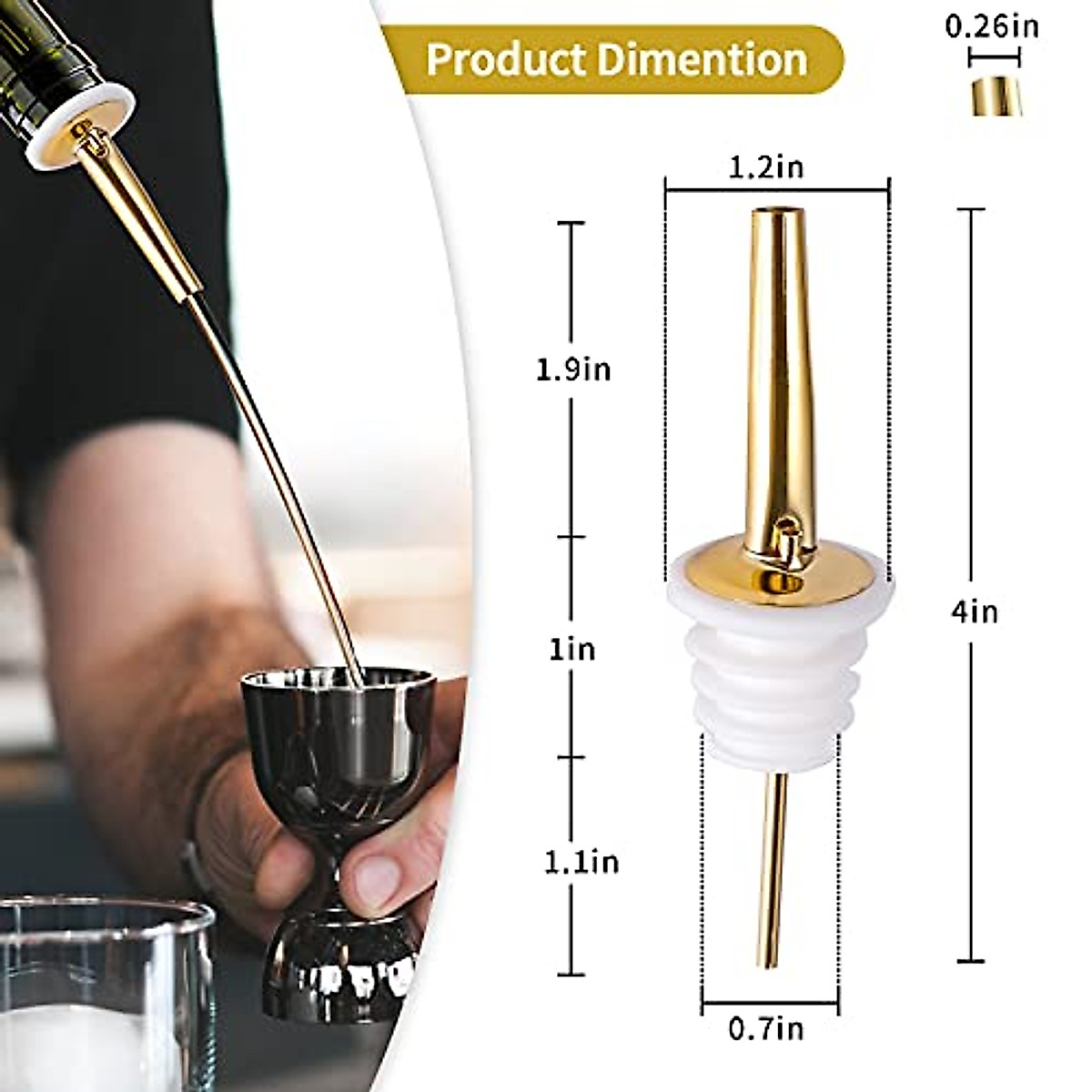 SuproBarware Liquor Bottle Pourers - Stainless Steel Bottle Pourers with Clean Bursh, Rustproof Metal Alcohol Pouring Tubes For Bars, Clubs, Restaurants & Home Use (Gold)
