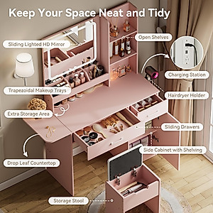 Dowinx Vanity Desk with Mirror and Light, Makeup Vanity with Power Outlet & Storage Stool, Vanity Table with 3 Drawers & 7 Open Shelves, Adjustable 3 Lighting Colors for Bedroom, Pink