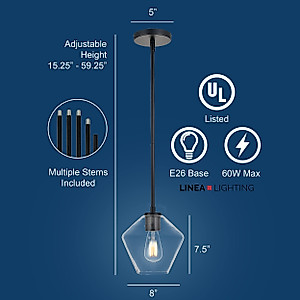 Linea di Liara Macaria Modern Glass Farmhouse Pendant Lighting for Kitchen Island and Over Sink Lighting Fixtures Matte Black Pendant Light Hanging Ceiling Light Angled Clear Glass Shade, UL Listed