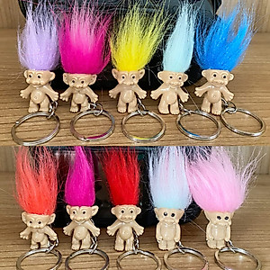 Yintlilocn 10Pack Cute TROLL DOLLS Key ring Crazy Colour Hair Figurine Kids Toy Party Decoration Good Luck Dolls Keychain Key holder
