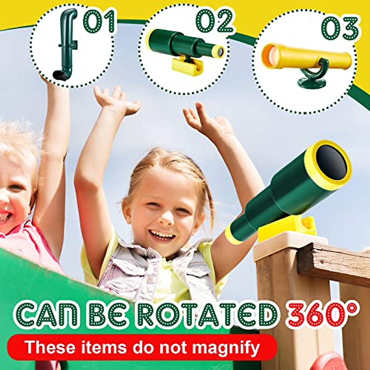 Playground Accessories Swing Set Pirate Plastic Playground Equipment Set with Plastic Wheel, Telescope, Periscope, Telephone, Safety Handle Bars for Outdoor Playhouse Treehouse (Yellow, Green)