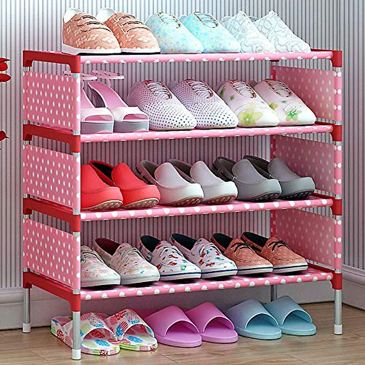 TZAMLI 4-Tier Free Standing Shoe Rack 12 Pairs Non-Woven Fabric of Shoes Organizer in Closet Entryway Hallway,Anti-Rust, Metal Frame and Fabric Shelves,22.8 x 10.6 x 25.2'' (Pink dots)