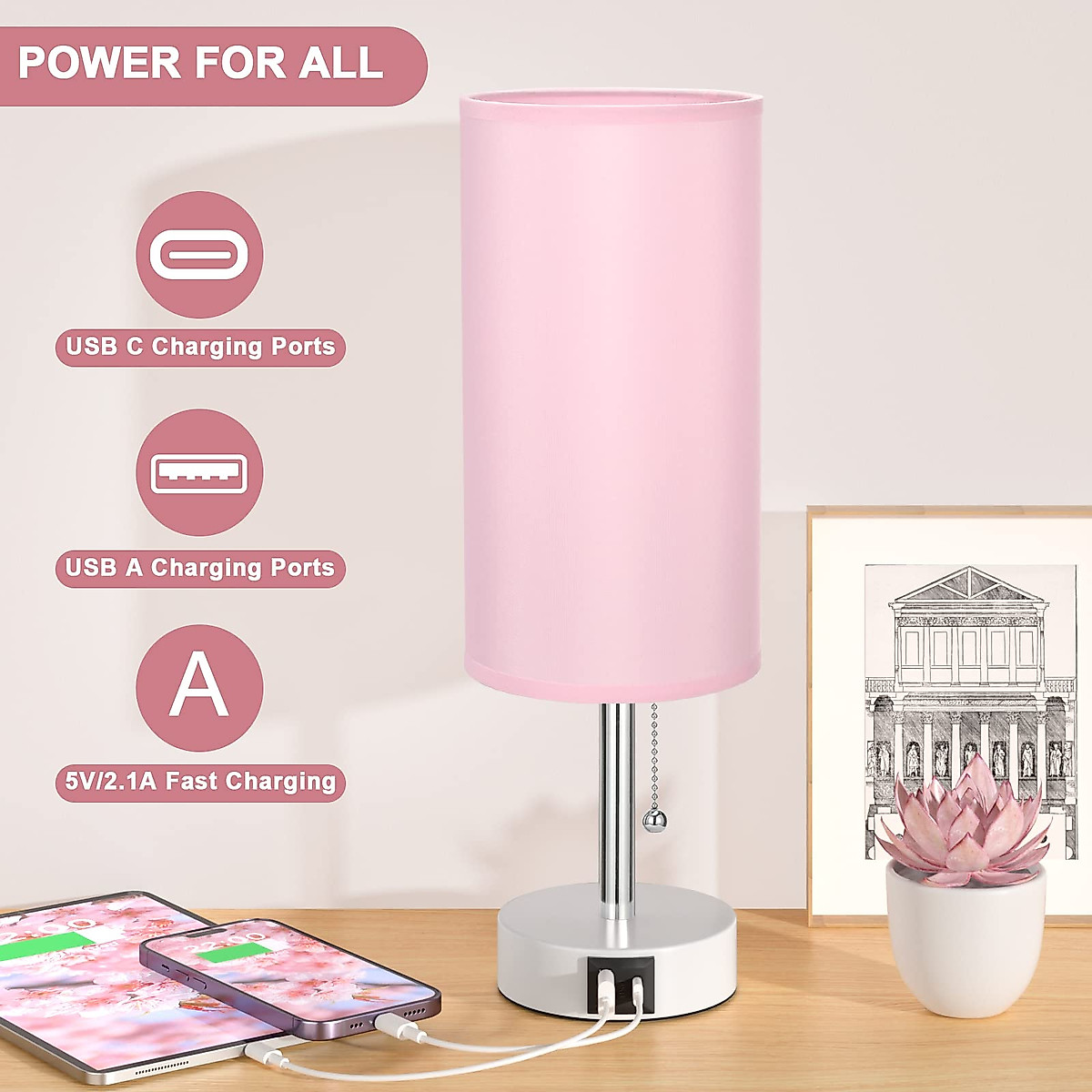 Hong-in Pink Bedside Lamp - 3 Color Modes, Small Lamp with USB-C and USB-A Charging Ports, Pull Chain, Nightstand Light for Bedroom, Office, Kids Room (Bulb Included)