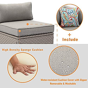 COSIEST 5-Piece Outdoor Furniture Set Warm Gray Wicker Sectional Sofa w Thick Cushions, Glass Coffee Table, 4 Floral Fantasy Pillows for Garden, Pool, Backyard