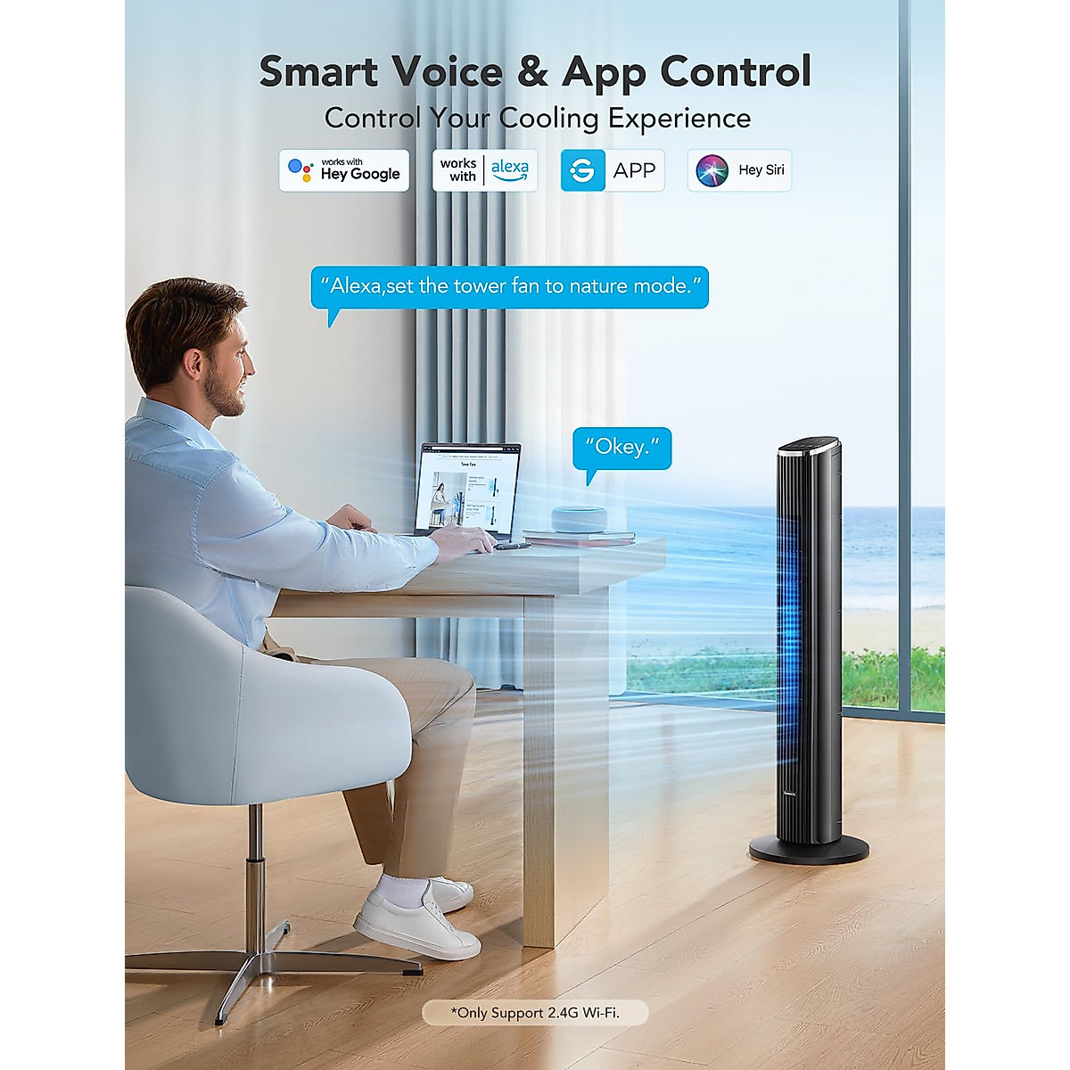 GoveeLife 36 Inch Tower Fan for Bedroom, Smart Oscillating Floor Fans with Temperature Sensor, App & Voice Remote, 5 Modes 8 Speeds up to 25ft/s, 24H Timer, 29dB Quiet Fan for Cooling Home Office