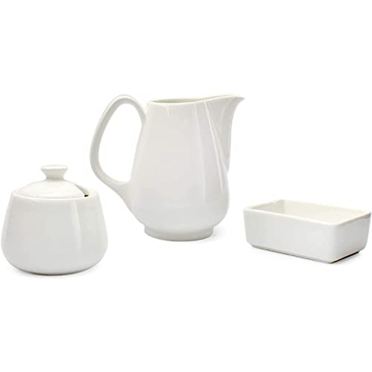 Darware Sugar and Creamer Set - 3-Piece Set w/Cream Pitcher, Sugar Bowl, Sweetener Packet Holder, White Ceramic Tea/Coffee Set