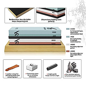 Knife Sharpening Stone Kit, KERYE Professional Japanese Whetstone Sharpener Stone Set, Premium 4 Side Grit 400/1000 3000/8000 Water Stone, Flattening Stone, Angle Guide, Leather Strop, Anti Cut Gloves