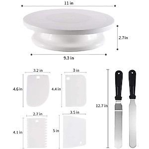 11 Inch Rotating Cake Turntable with 2 Icing Spatula and 4 Icing Smoother, Revolving Cake Stand White Baking Cake Decorating Supplies(Total 7 PCS)