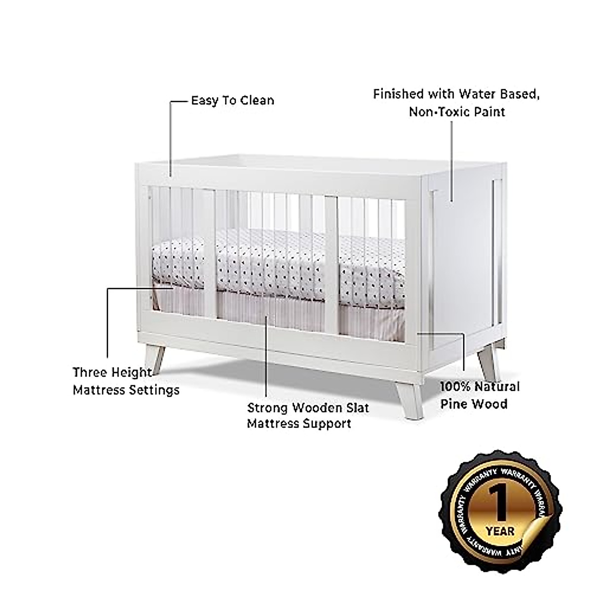 Sorelle Furniture Uptown Panel Crib, Modern Wood and Clear Acrylic Baby Crib, Made of Wood and Easy to Clean Acrylic, Non-Toxic Finish, Contemporary Baby Bed-White