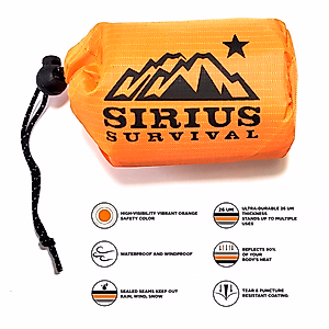 Sirius Survival Bivvy Emergency Sleeping Bag - Lightweight & Compact - Waterproof, Thermal, Emergency Blanket - Mylar Sleeping Bag in Portable Drawstring Sack - Orange