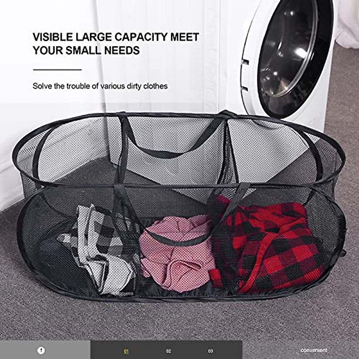 Vcgalu Mesh Pop Up 3 Compartment Laundry Sorter Hamper，Collapsible Laundry Basket with Durable Handles Solid Bottom High Carbon Steel Frame-Black