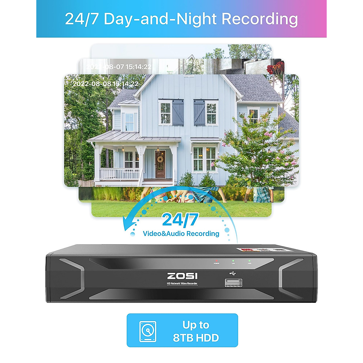 ZOSI 5MP 8CH PoE Security Camera System with Audio,H.265+ 5MP 8 Channel NVR with 2TB HDD,8pcs Weatherproof PoE IP Cameras Outdoor Indoor,Human Detection,100ft Night Vision,for Home 24-7 Recording