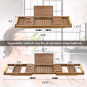 Bathtub Tray Bath Caddy Tray for Tub - Expandable Board and Book Stand Premium Leather Grip and Non-Slip Pat for Luxury Bath Bamboo Bathtub Table Tray for Home Spa and Gift Choice (Walnut)