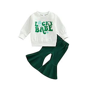 Toddler Baby St Patricks Outfit Girls Bell Bottom Pants Lucky Sweatshirt Spring Clover Clothes (6-12 Months,Green)