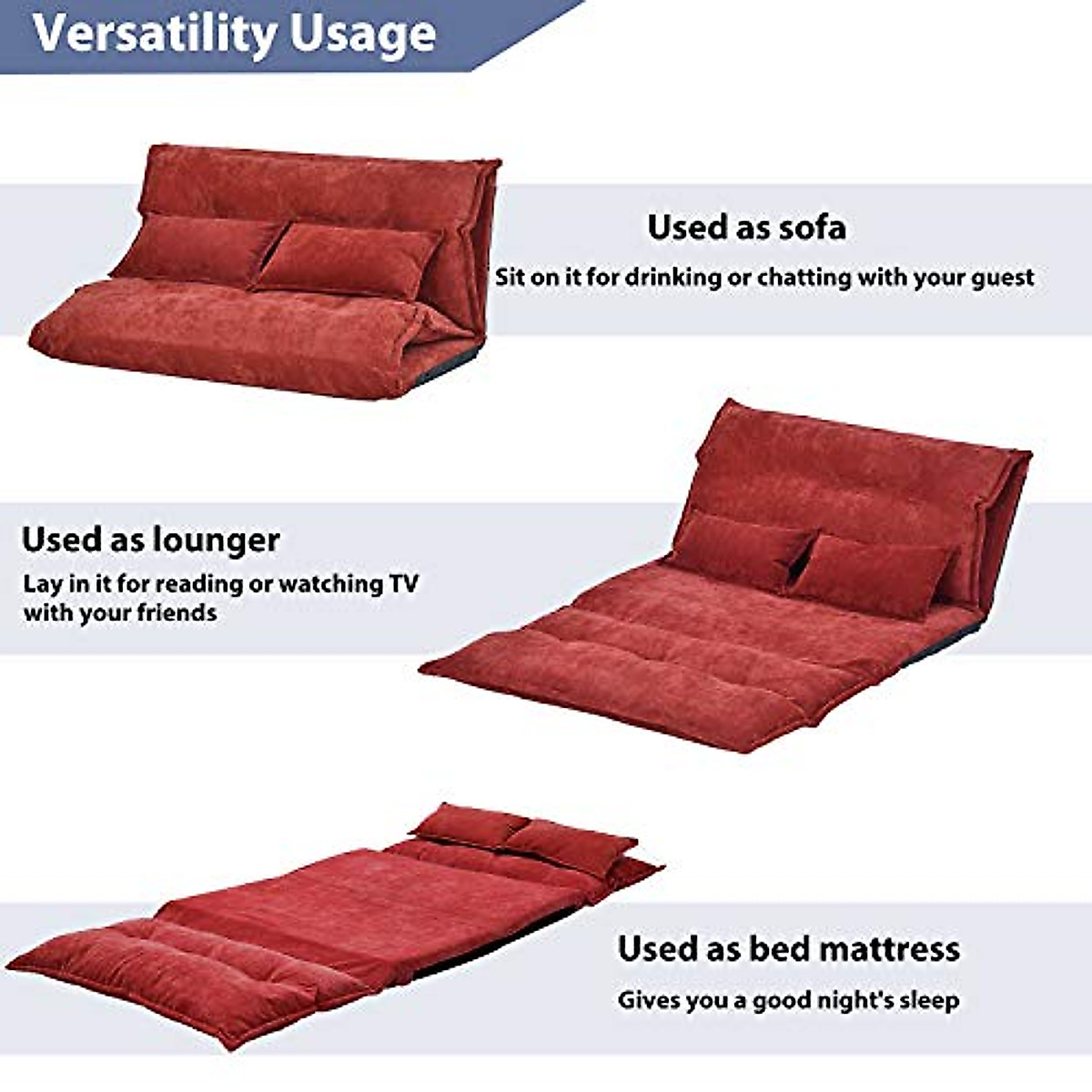 HEPMIMZHU Adjustable Floor Sofa, Foldable Lazy Sofa Sleeper Bed 5-Position Adjustable, Cloth Cover, Floor Sofa Couch with 2 Pillows for Bedroom, Living Room, Balcony (Red)