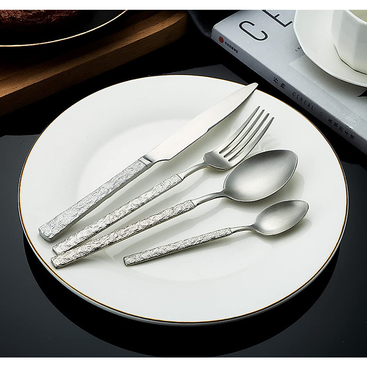 90-Piece Hammered Silverware Flatware Set for 18,Premium 18/10 Food-Grade Stainless Steel Tableware Utensil Cutlery Sets for Restaurant Hotel Family Gatherings Daily Use, Mirror Polished