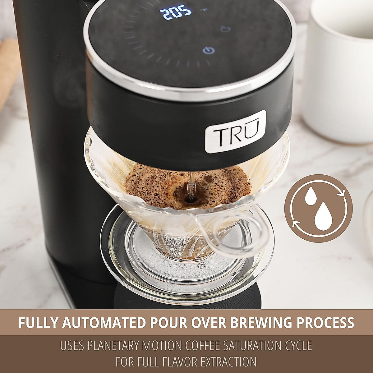 TRU Automatic Pour Over Coffee Maker with Digital Controls - Auto Coffee Maker with Plastic Cone Dripper - Coffee Brewer for Household Use