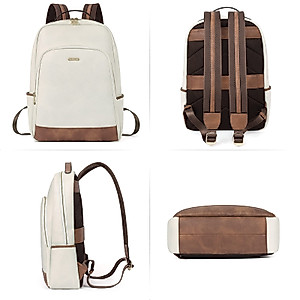 CLUCI Leather Laptop Backpack Purse for Women 15.6 inch Computer Backpack Business Casual Travel Daypack College Bag Beige with Brown