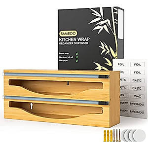 DNTGVUP Office Tape Dispensers - 2 in 1 Foil and Plastic Wrap Organizer with Cutter and Label, Plastic Wrap, Aluminum Foil Paper Dispenser for Kitchen Drawer, Organizer Holder Compatible with 12" Roll