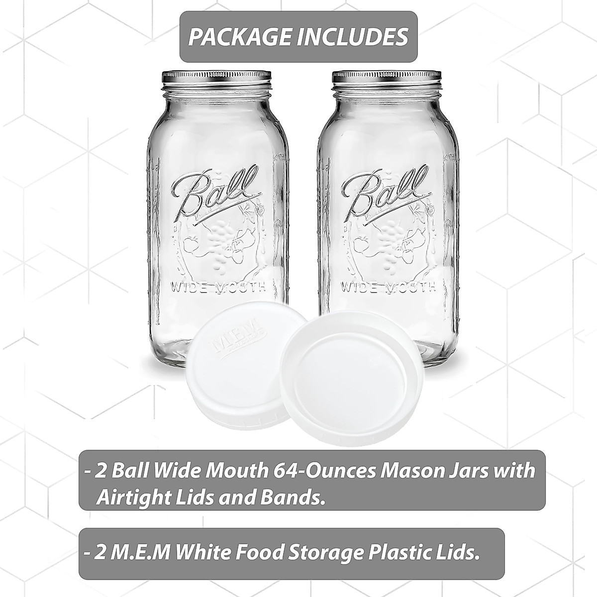Wide Mouth Mason Jars 64 oz - (2 Pack) - Ball Wide Mouth 64-Ounces Half Gallon Mason Jars with White M.E.M Food Storage Plastic Lid. For Storage, Freezing, Leak Proof, Microwave & Diswasher Safe