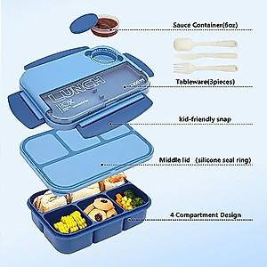 Luriseminger Bento Lunch Box, Snack Containers，Meal Prep Containers Kids/Toddle/Adults,Food Storage Containers for School, Work and Travel (4 compartment-blue)