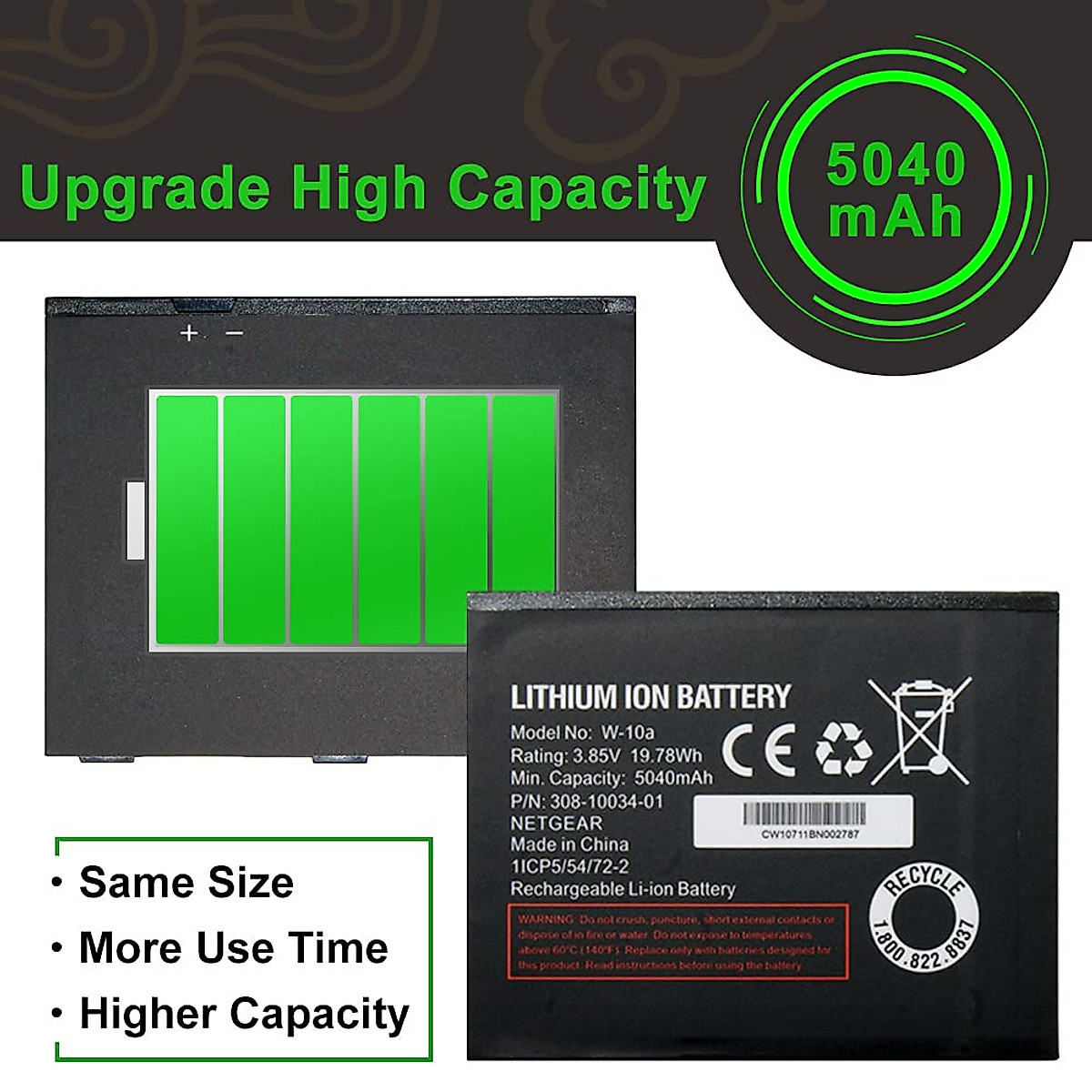 Replacement Battery W-10A W-10 for Netgear Nighthawk M1 MR1100 Mobile Router Modem Hotspot Battery W10A W10 Battery 5040mAh