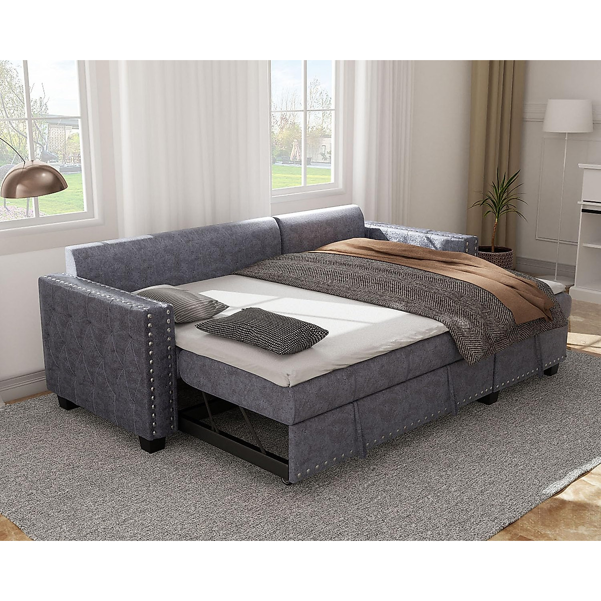 Ucloveria, 91" Sleeper Sofa Reversible Storage Chaise Living Room L-Shape Lounge 2 in 1 Sectional Couch with Pull Out Bed, Delta Gray, Dark Grey