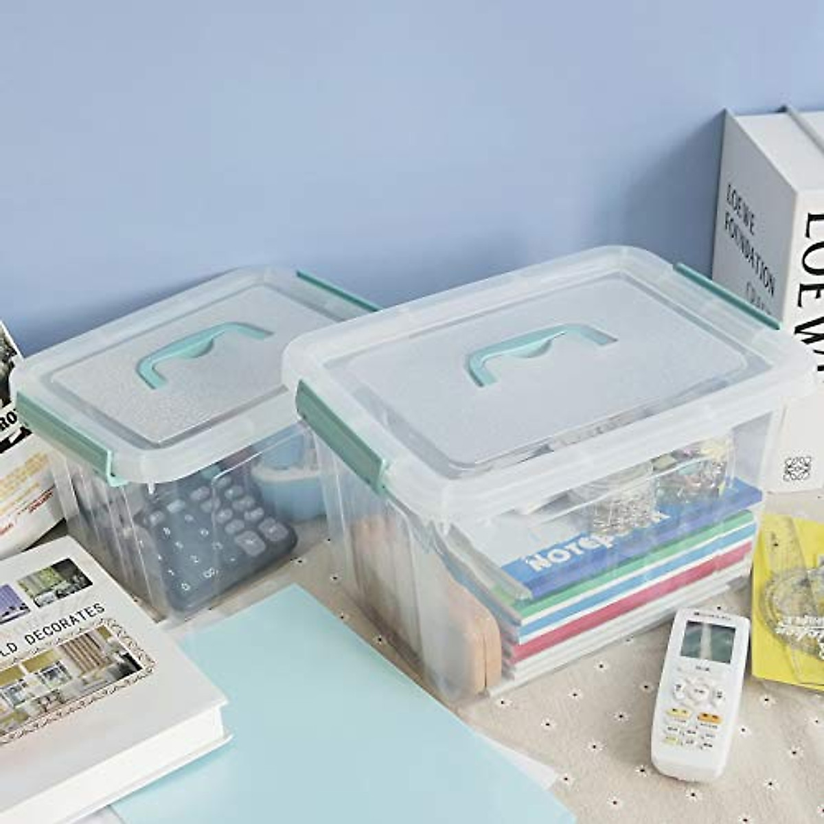 Gloreen 12 Quart&6 Quart Clear Storage Bins with Lid and Mint Green Handle, Multipurpose Stackable Plastic Storage Latches Box/Containers