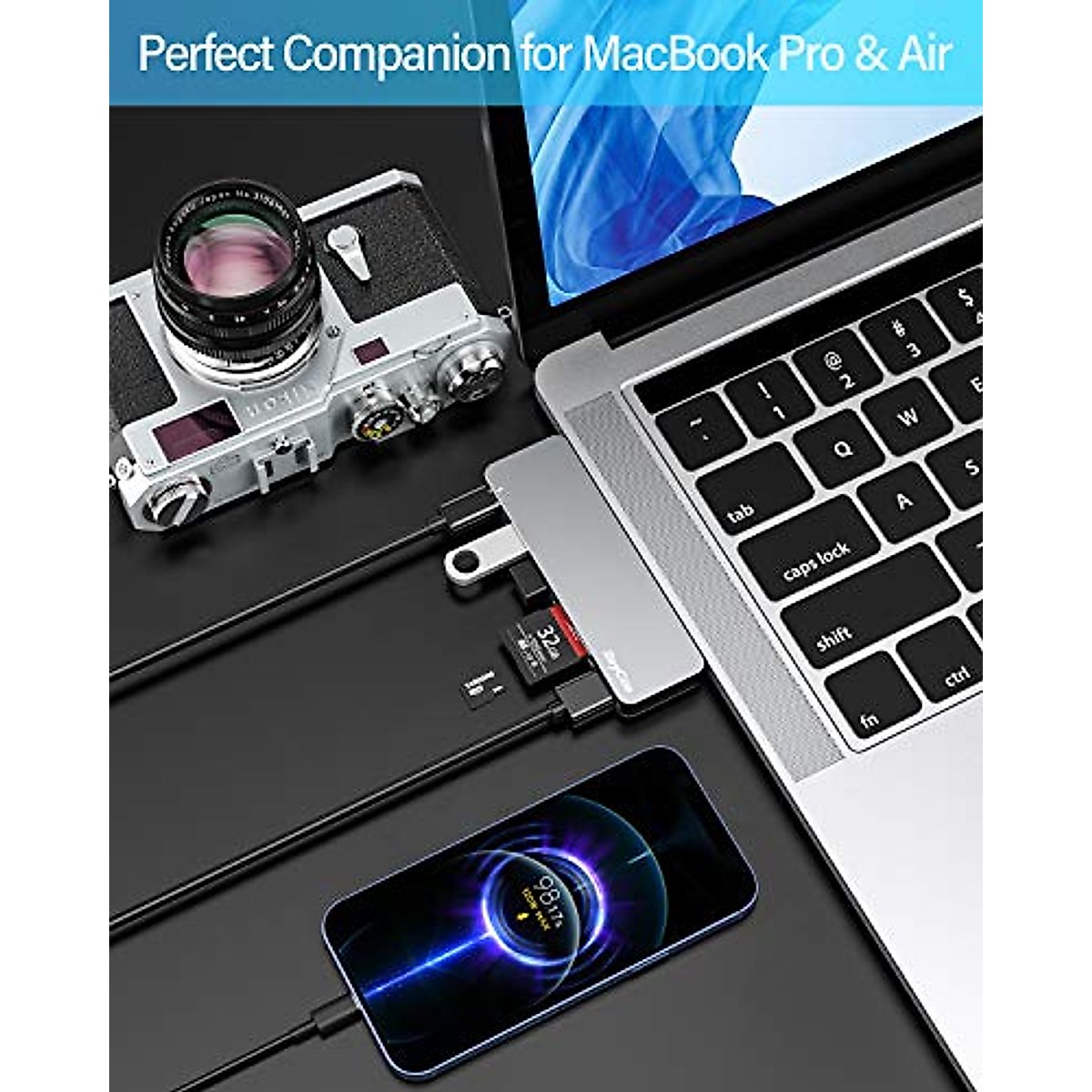 RayCue USB C Adapter for MacBook Pro/MacBook Air M1 M2 M3 2023 2022 2021 13" 15" 16",6 in 1 USB-C Hub MacBook Pro Accessories with 3 USB 3.0 Ports, USB C to SD/TF Card Reader and Thunderbolt 3 PD Port