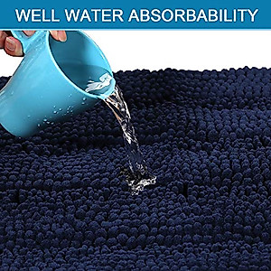 2 Piece Bathroom Set Bathroom Rugs Slip-Resistant Extra Absorbent Soft and Fluffy Striped Bath Mat Set Chenille Bath Rugs, Floor Mats Dry Fast Machine Washable (Navy Blue, 20" x 32"/17" x 24")