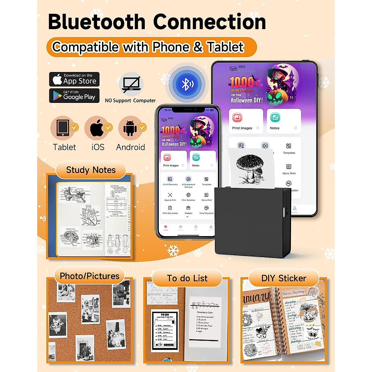 Memoking Sticker Printer, M02 Mini Printer Portable Bluetooth Mini Printer Sticker Maker with 3 Rolls Paper, Print Pods Mini Printer Pocket Printer with Multiple Templates for Phone & Tablet, Black