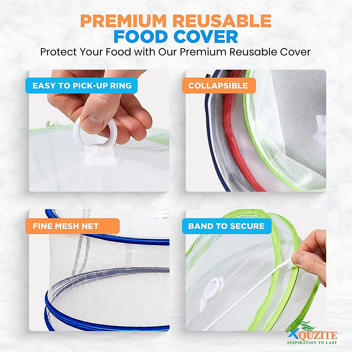 XQUZITE Pop Up Mesh Food Covers - Collapsible Pop Up Food Cover Set for Camping, Picnic and Outdoors - Complete with Plastic Food Cover Wraps