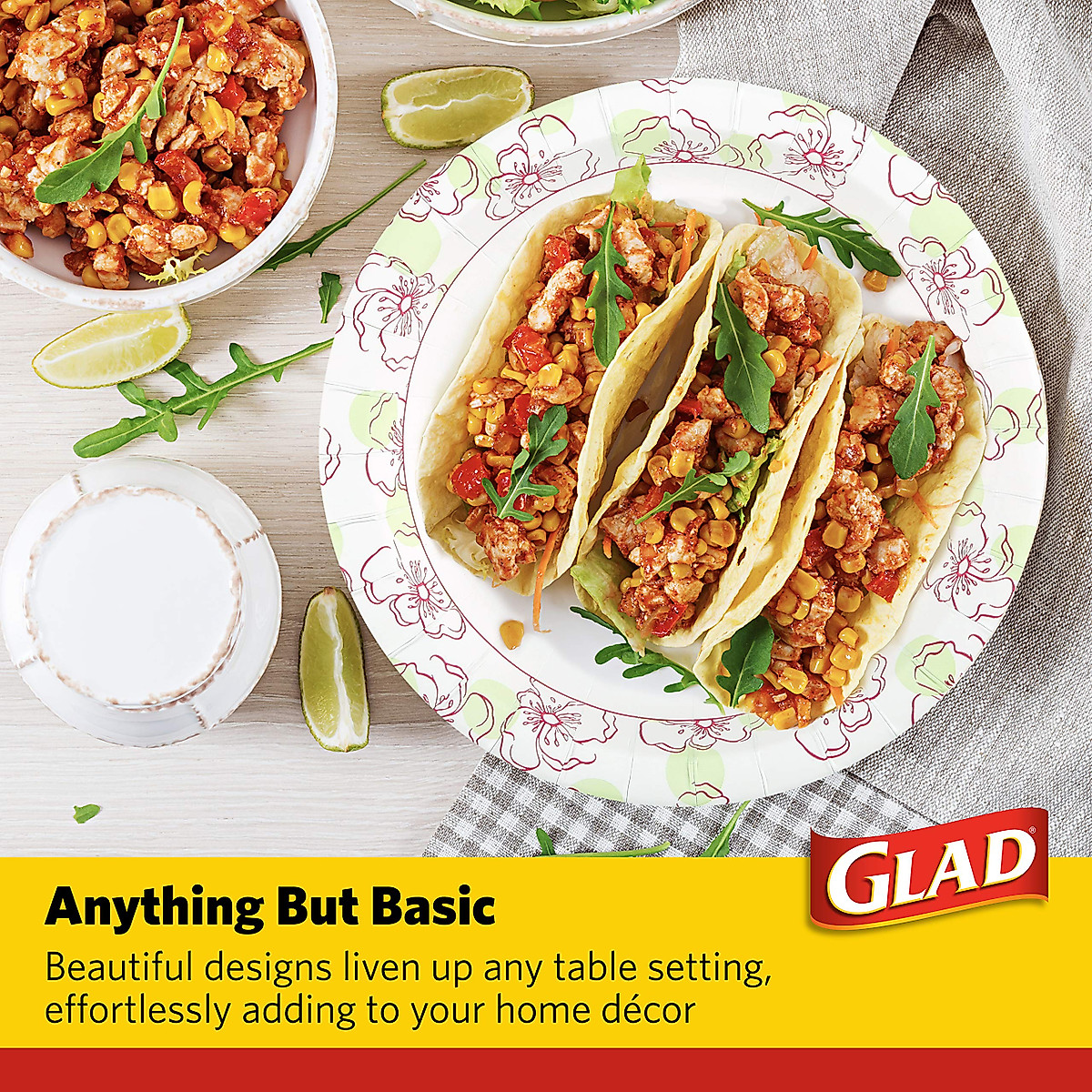 Glad Disposable Paper Plates for All Occasions | Round Soak Proof, Cut Proof, Microwaveable Heavy Duty Disposable Plates | 8.5" Diameter, 50 Count Bulk Paper Plates, Pink Flower Print