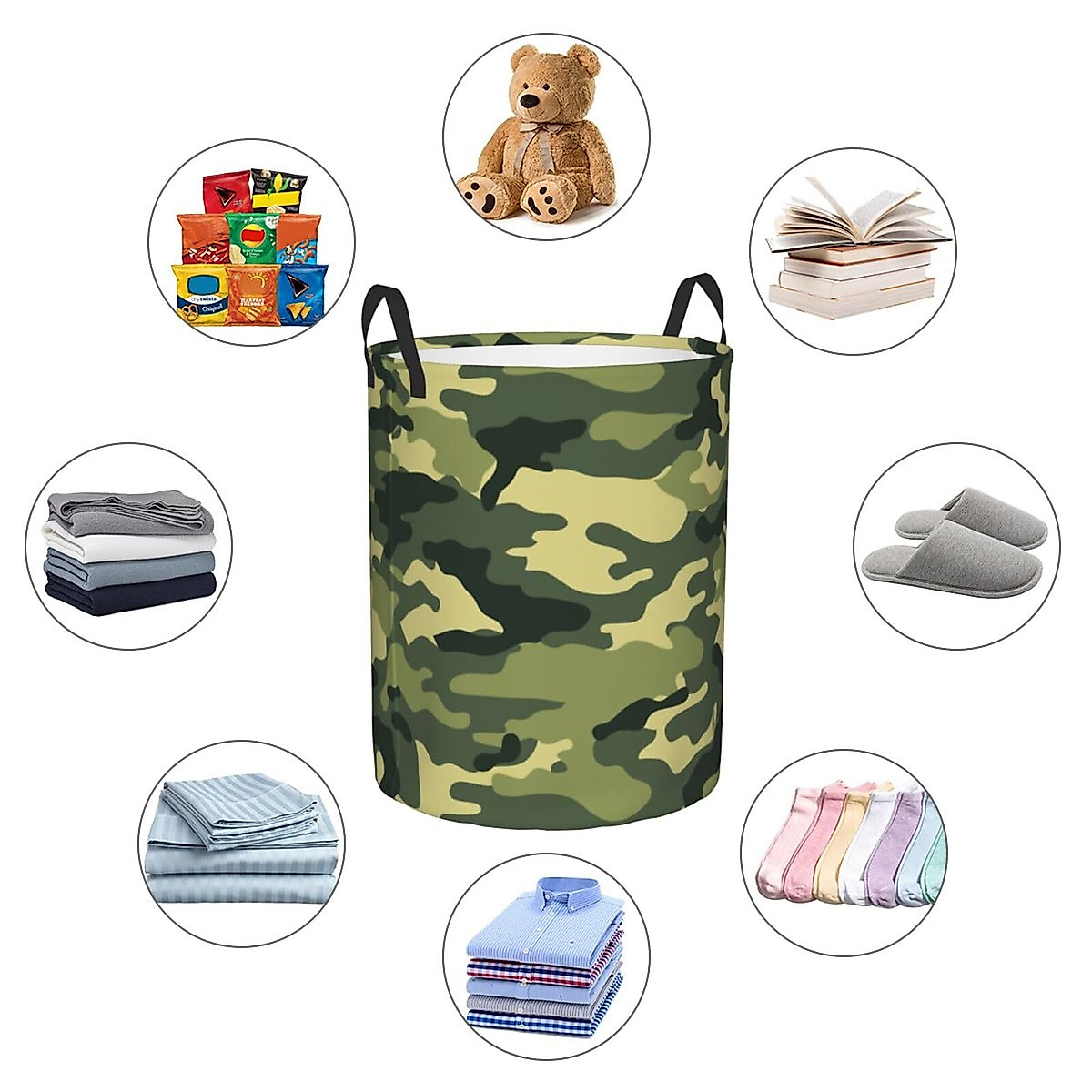 Gbuzozie Camouflage Print Round Laundry Hamper Green Camo Storage Basket Toys Clothes Organizer Bin For Home Bathroom Bedroom Dorm Nursery, 38l