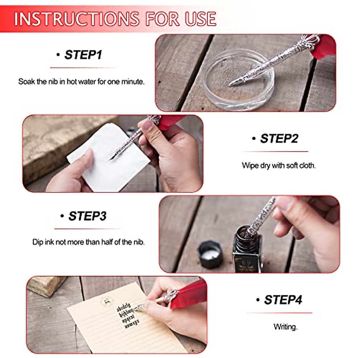 VABNEER Feather Quill Pen Retro Feather Pen Premium Metal Nibbed Pen Writing Quill Fit for Self-use,executive Gift and Antique Desk Decor (Bright Red)