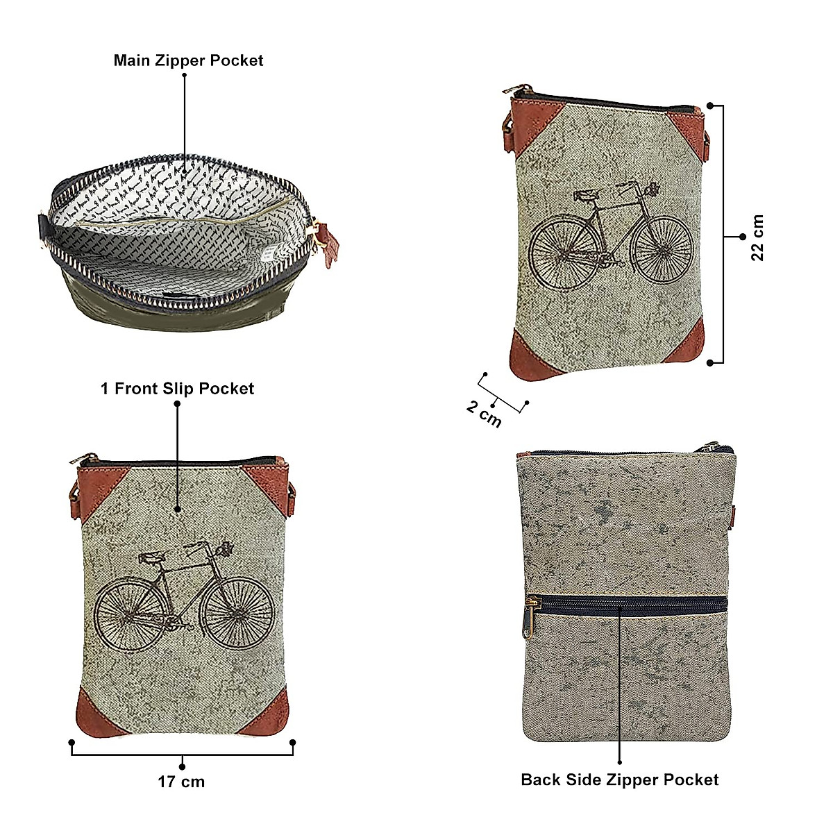 Mona B Canvas Handbag for Women | Zipper Bag | Crossbody Bag | Stylish Vintage Recycled Upcyled Bags Women (Brown-Cruiser)